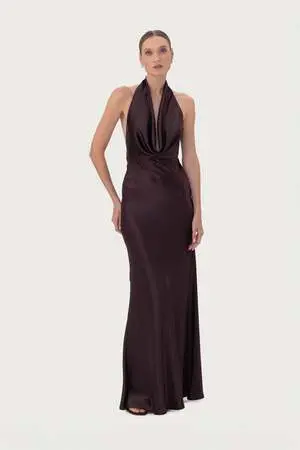 SAU LEE Pearl Satin Halterneck Gown - Espresso