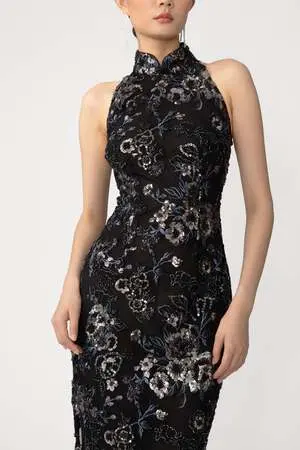 SAU LEE Arielle Embroidered Halterneck Maxi Dress