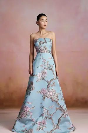 SAU LEE Jordana Brocade Gown - Blue Ash