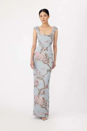 SAU LEE Brooke Brocade Gown - Blue Ash