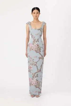 SAU LEE Brooke Brocade Gown - Blue Ash