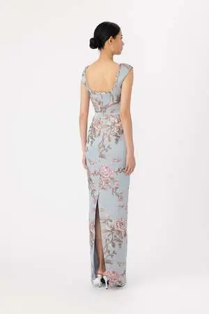 SAU LEE Brooke Brocade Gown - Blue Ash