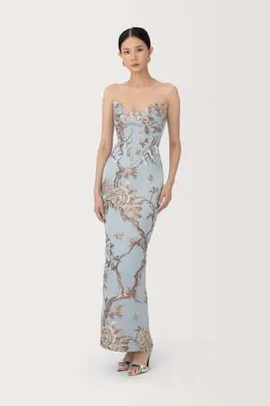 SAU LEE Novella Brocade Maxi Dress - Blue Ash
