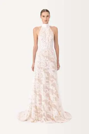 SAU LEE Andrea Lace Gown With High Neck And Open Back