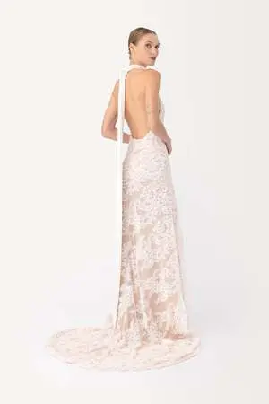 SAU LEE Andrea Lace Gown With High Neck And Open Back