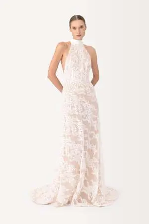 SAU LEE Andrea Lace Gown With High Neck And Open Back