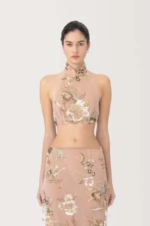 SAU LEE Eliza Embellished Halter Neck Cropped Top