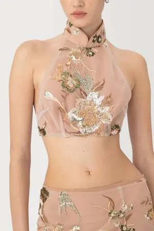 SAU LEE Eliza Embellished Halter Neck Cropped Top