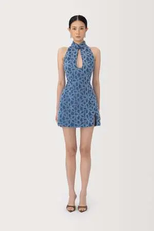 SAU LEE Eva Denim Mini Dress With Mandarin Collar And Slit