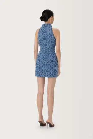 SAU LEE Eva Denim Mini Dress With Mandarin Collar And Slit