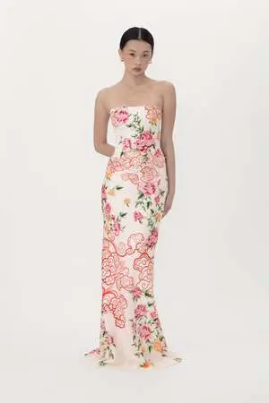 SAU LEE Alisa Strapless Floral Print Maxi Gown