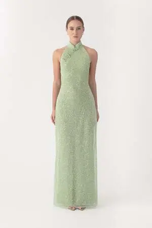 SAU LEE Grace Beaded Maxi Cheongsam Dress