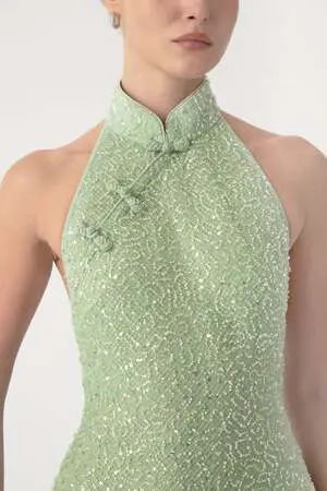 SAU LEE Grace Beaded Maxi Cheongsam Dress