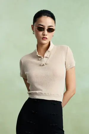 SAU LEE Enid Knit Polo With Mandarin Collar And Pipa Knot Detailing