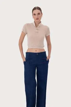 SAU LEE Enid Knit Polo With Mandarin Collar And Pipa Knot Detailing
