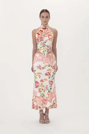 SAU LEE Fiora Peony & Clouds Print Satin Scarf Top