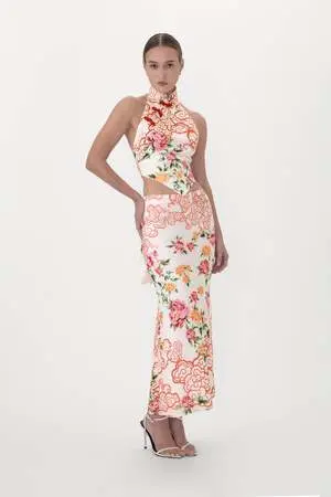 SAU LEE Fiora Peony & Clouds Print Satin Scarf Top