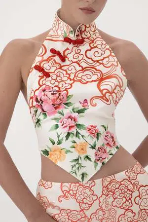SAU LEE Fiora Peony & Clouds Print Satin Scarf Top