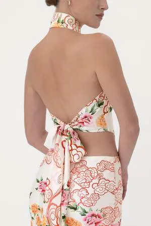 SAU LEE Fiora Peony & Clouds Print Satin Scarf Top