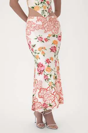 SAU LEE Fiora Printed Satin Midi Skirt
