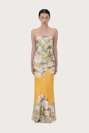 SAU LEE Hesper Strapless Satin Gown With Floral Print