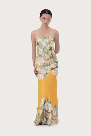 SAU LEE Hesper Strapless Satin Gown With Floral Print