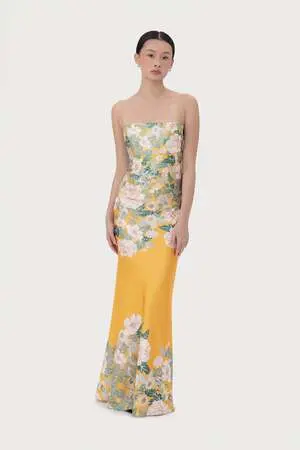 SAU LEE Hesper Strapless Satin Gown With Floral Print