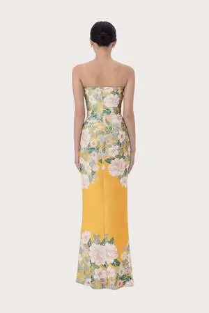 SAU LEE Hesper Strapless Satin Gown With Floral Print