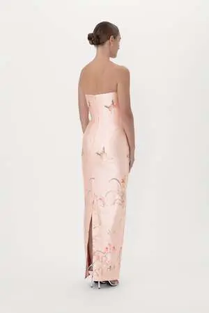 SAU LEE Ilsa Satin Gown With Embroidered Lily Print