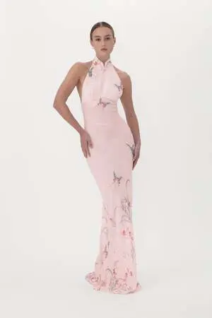 SAU LEE Nikita Embroidered Chiffon Halter Neck Maxi Dress