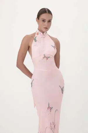 SAU LEE Nikita Embroidered Chiffon Halter Neck Maxi Dress