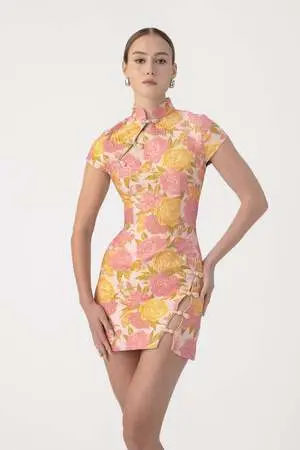SAU LEE Jada Floral Jacquard Cheongsam Mini Dress - Pink Multi