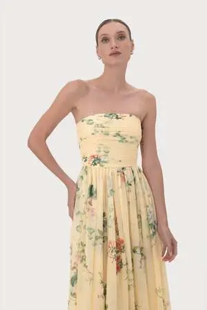 SAU LEE Camille Strapless Watercolour Floral Chiffon Maxi Dress - Soft Yellow