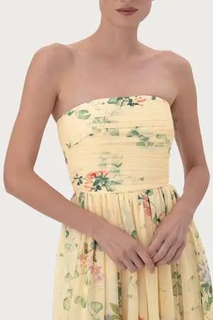 SAU LEE Camille Strapless Watercolour Floral Chiffon Maxi Dress - Soft Yellow