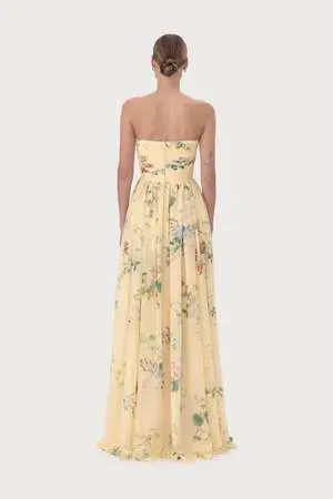 SAU LEE Camille Strapless Watercolour Floral Chiffon Maxi Dress - Soft Yellow