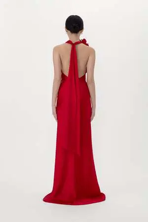 SAU LEE Delphine Satin Gown With Floral Appliqu - Red Chilli Pepper