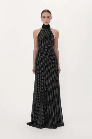 SAU LEE Tanya Polka Dot Chiffon Halterneck Maxi Dress