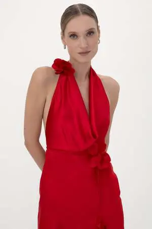SAU LEE Isola Mini Dress With Floral Appliqués And Cascading Scarves - Red Chilli Pepper