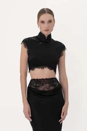 SAU LEE Lila Satin Cropped Top With Chantilly Lace Trim