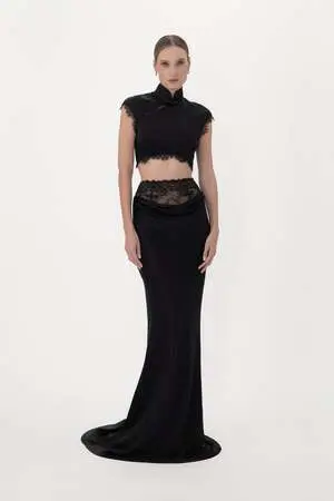 SAU LEE Lila Satin Cropped Top With Chantilly Lace Trim