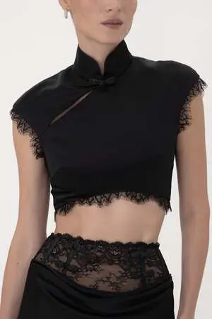 SAU LEE Lila Satin Cropped Top With Chantilly Lace Trim