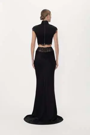 SAU LEE Lila Satin Cropped Top With Chantilly Lace Trim