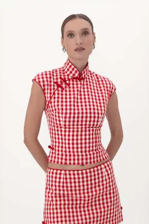 SAU LEE Zoe Top Checkered Cotton Mandarin Collar Blouse