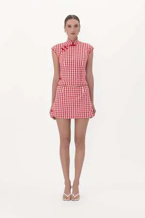 SAU LEE Zoe Top Checkered Cotton Mandarin Collar Blouse
