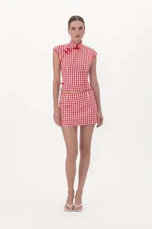 SAU LEE Zoe Top Checkered Cotton Mandarin Collar Blouse