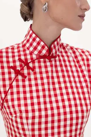 SAU LEE Zoe Top Checkered Cotton Mandarin Collar Blouse