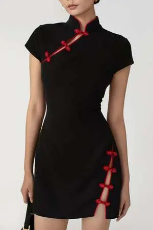 SAU LEE Isa Mini Dress With Mandarin Collar And Asymmetrical Slits