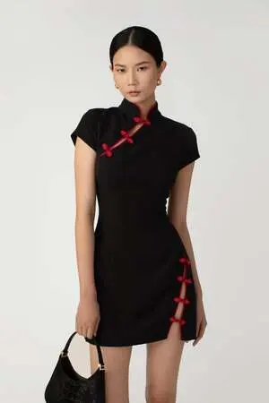 SAU LEE Isa Mini Dress With Mandarin Collar And Asymmetrical Slits
