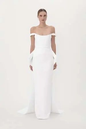 SAU LEE Stefania Satin Gown With Off-the-shoulder Silhouette And Detachable Bow Train