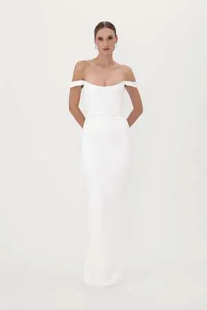 SAU LEE Stefania Satin Gown With Off-the-shoulder Silhouette And Detachable Bow Train